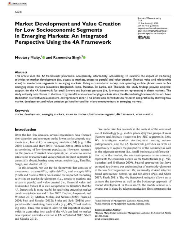 Pdf Market Development And Value Creation For Low Socioeconomic