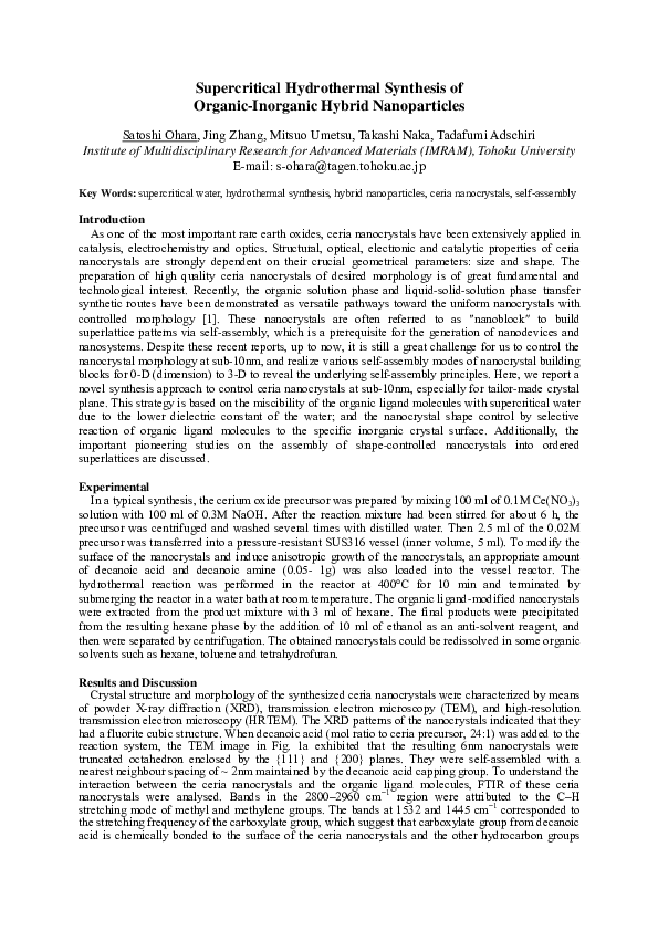 (PDF) Supercritical Hydrothermal Synthesis of Organic–Inorganic Hybrid ...