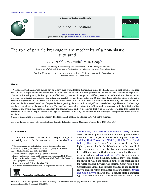 (PDF) The role of particle breakage in the mechanics of a non-plastic silty sand