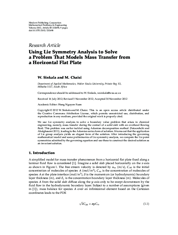 (PDF) Lie Symmetry Analysis of Mass Transfer Issues