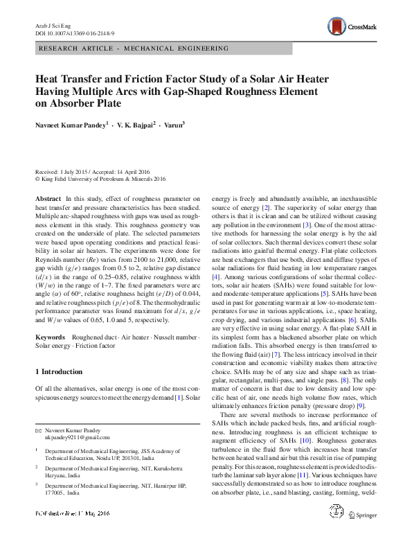 (PDF) Heat Transfer and Friction Factor Study of a Solar Air Heater ...