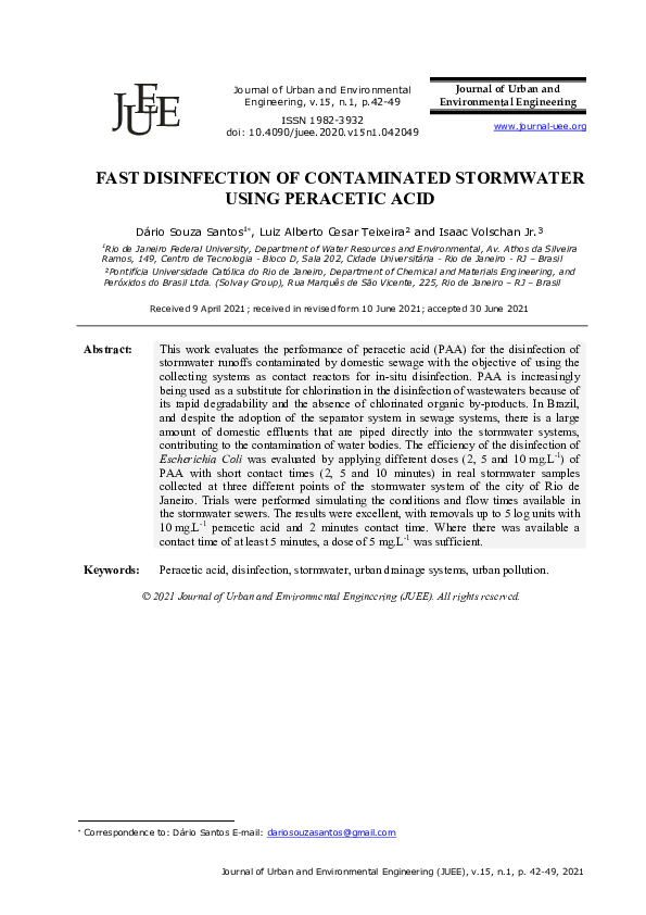(PDF) Fast Disinfection of Contaminated Stormwater Using Peracetic Acid