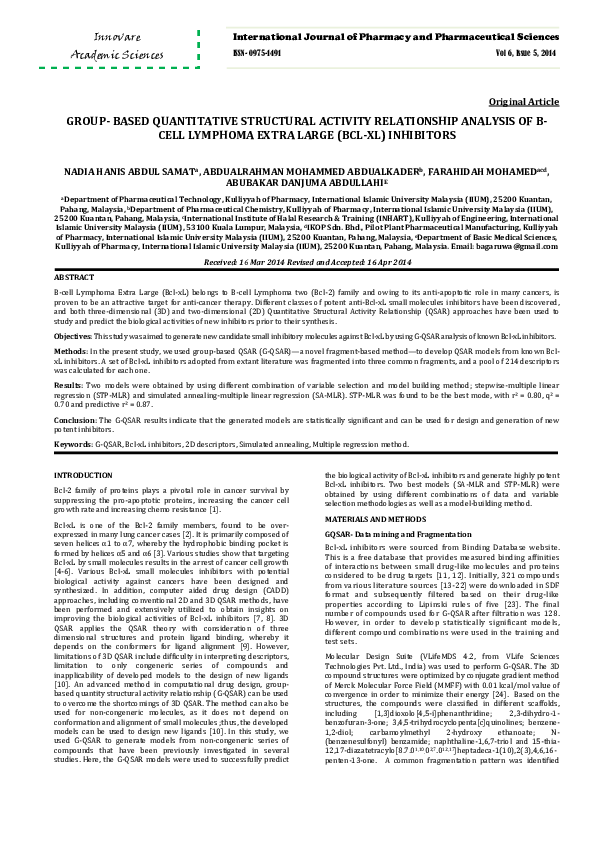 (PDF) Group- Based Quantitative Structural Activity Relationship Analysis of B-Cell Lymphoma ...