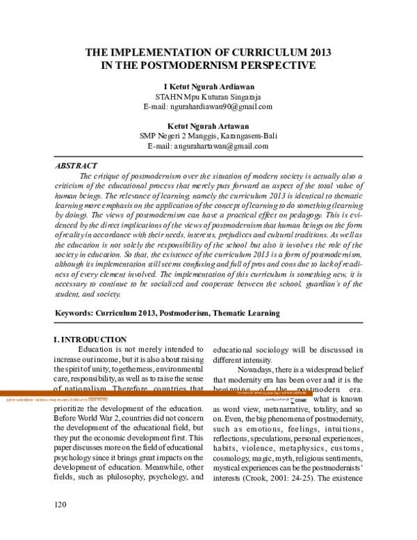 (PDF) The Implementation of Curriculum 2013 in the Postmodernism Perspective