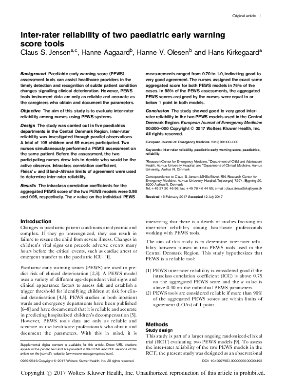 (PDF) Inter-rater reliability of two paediatric early warning score tools