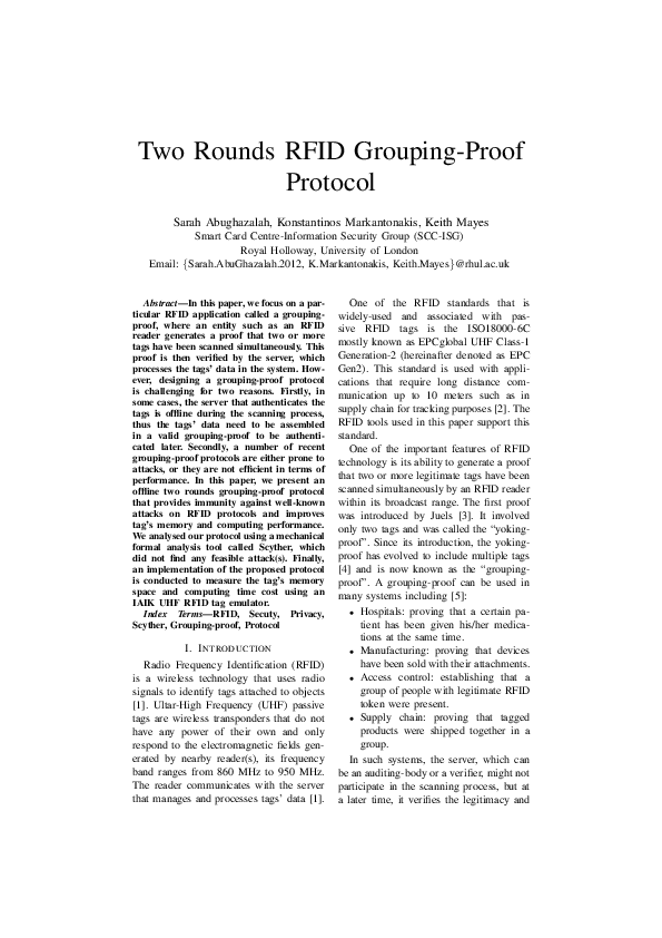 (PDF) Two rounds RFID grouping-proof protocol