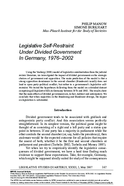 (PDF) Legislative Self-Restraint Under Divided Government In Germany ...