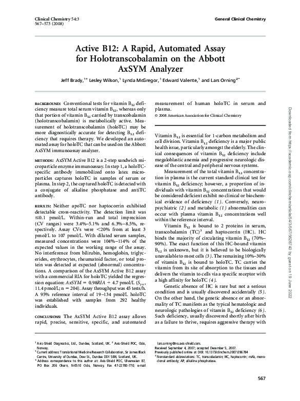 (PDF) Active B12: A Rapid, Automated Assay for Holotranscobalamin on ...