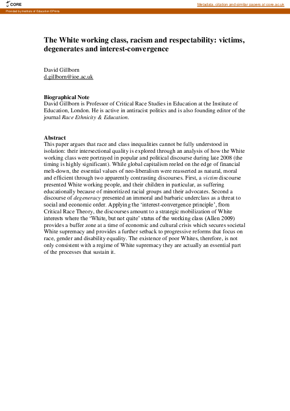 (PDF) The White Working Class, Racism and Respectability: Victims ...