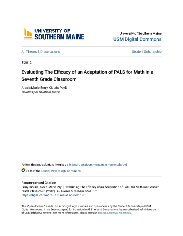 (PDF) Evaluating the Efficacy of an Adaptation of Pals for Math in a ...