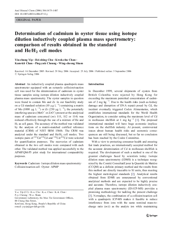 Determination of cadmium in oyster tissue using isotope dilution inductively coupled plasma mass ...
