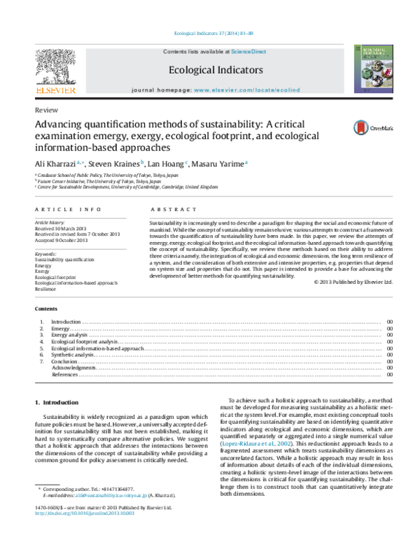 (PDF) Advancing quantification methods of sustainability: A critical ...