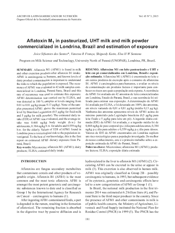 Pdf Aflatoxin M1 In Pasteurized Uht Milk And Milk Powder