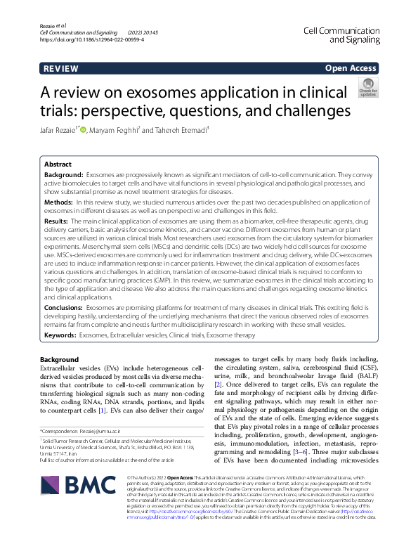 (PDF) A review on exosomes application in clinical trials: perspective, questions, and challenges