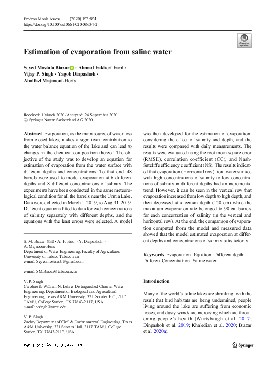 Pdf Estimation Of Evaporation From Saline Water