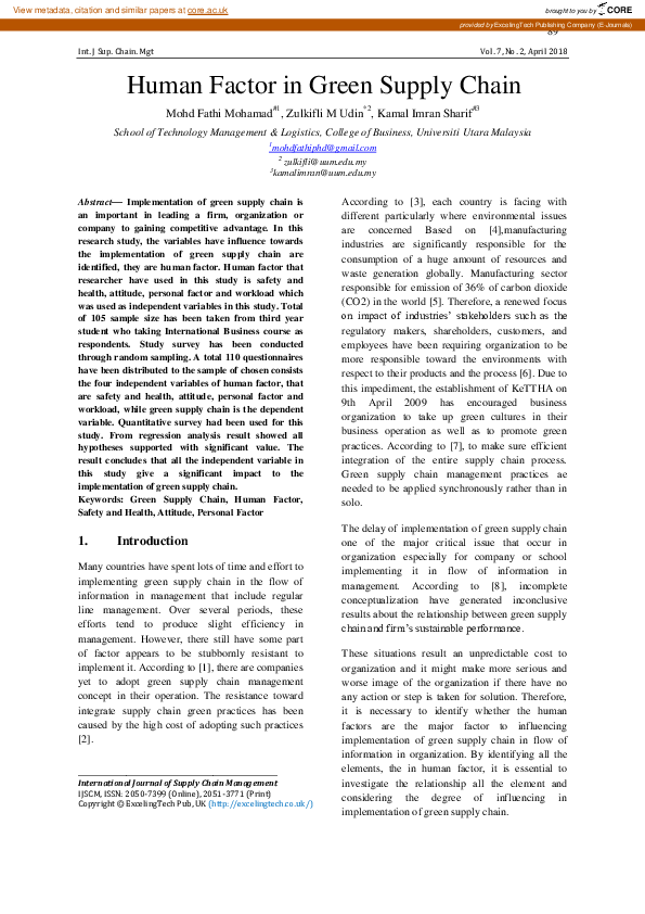 (PDF) Human Factor in Green Supply Chain