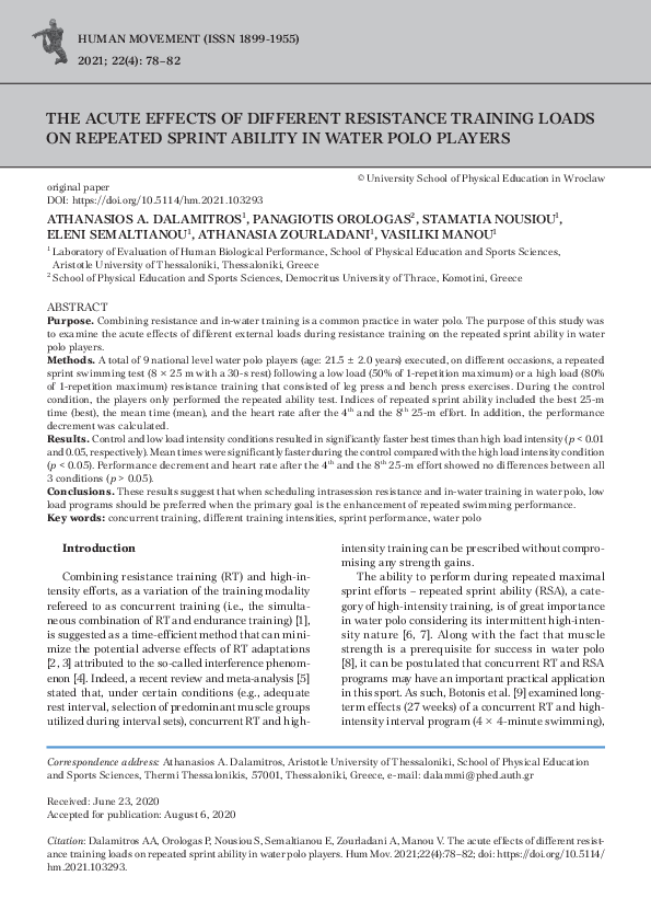 (PDF) The acute effects of different resistance training loads on repeated sprint ability in ...