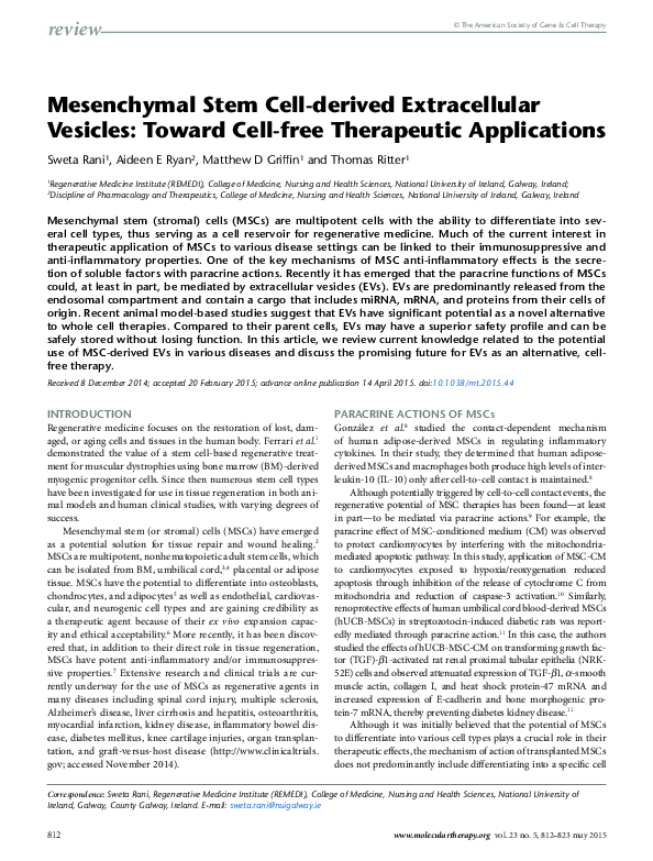 (PDF) Mesenchymal Stem Cell-derived Extracellular Vesicles: Toward Cell-free Therapeutic ...