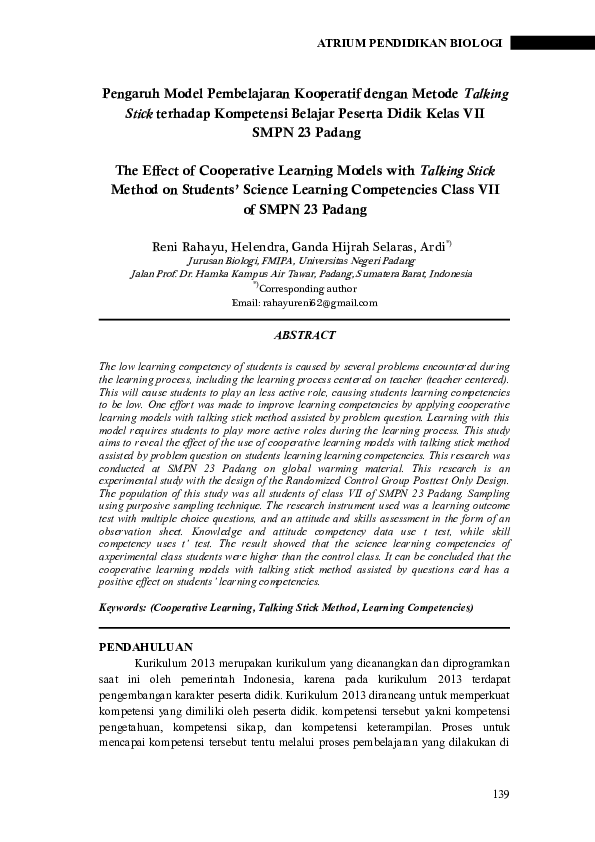 (PDF) The Effect of Cooperative Learning Models with Talking Stick ...