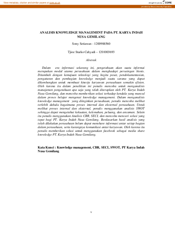 (PDF) Analisis Knowledge Management Pada Pt. Karya Indah Nusa Gemilang