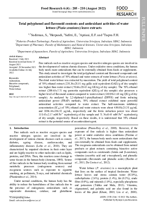 (PDF) Total polyphenol and flavonoid contents and antioxidant activities of water lettuce ...
