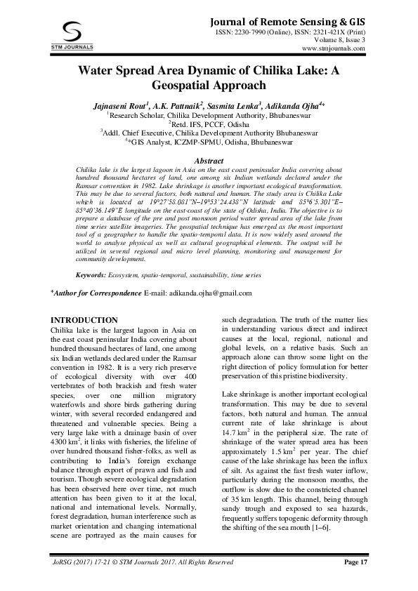 (PDF) Water Spread Area Dynamic of Chilika Lake: A Geospatial Approach