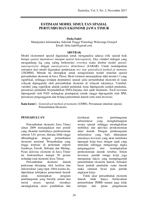 (PDF) Estimasi Model Simultan Spasial Pertumbuhan Ekonomi Jawa Timur