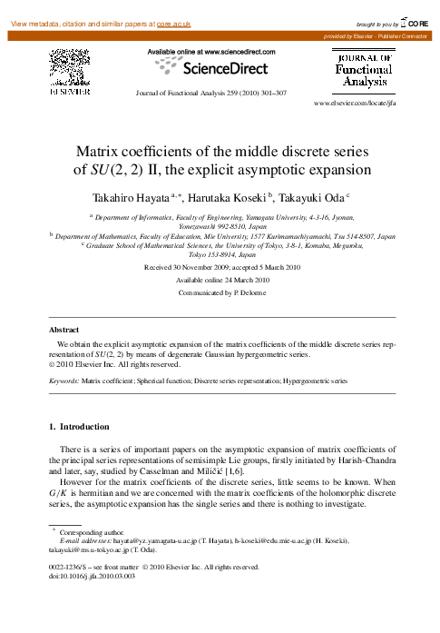 (PDF) Matrix coefficients of the middle discrete series of SU(2,2) II, the explicit asymptotic ...