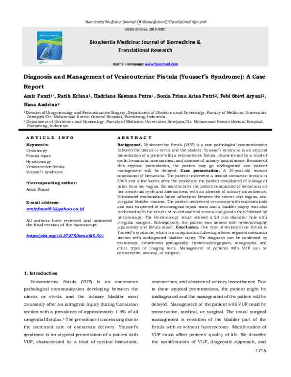 (PDF) Diagnosis and Management of Vesicouterine Fistula (Youssef’s ...