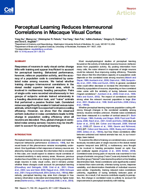 Pdf Perceptual Learning Reduces Interneuronal Correlations In Macaque Visual Cortex