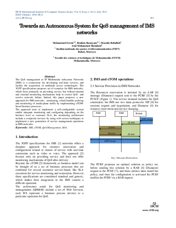 (PDF) Towards an Autonomous System for QoS management of IMS networks