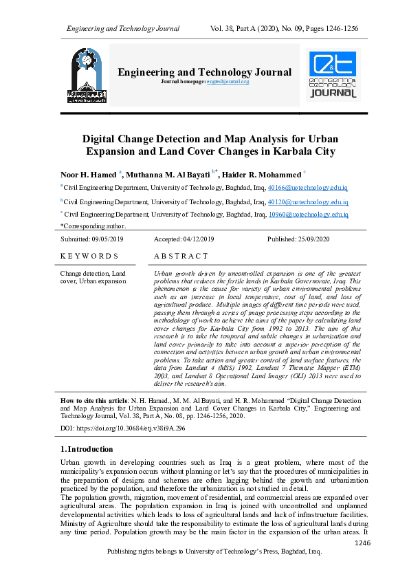 Digital Change Detection and Map Analysis for Urban Expansion and Land Cover Changes in Karbala City