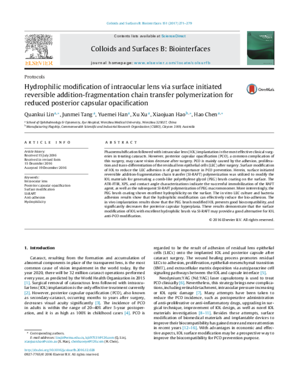(PDF) Hydrophilic modification of intraocular lens via surface ...