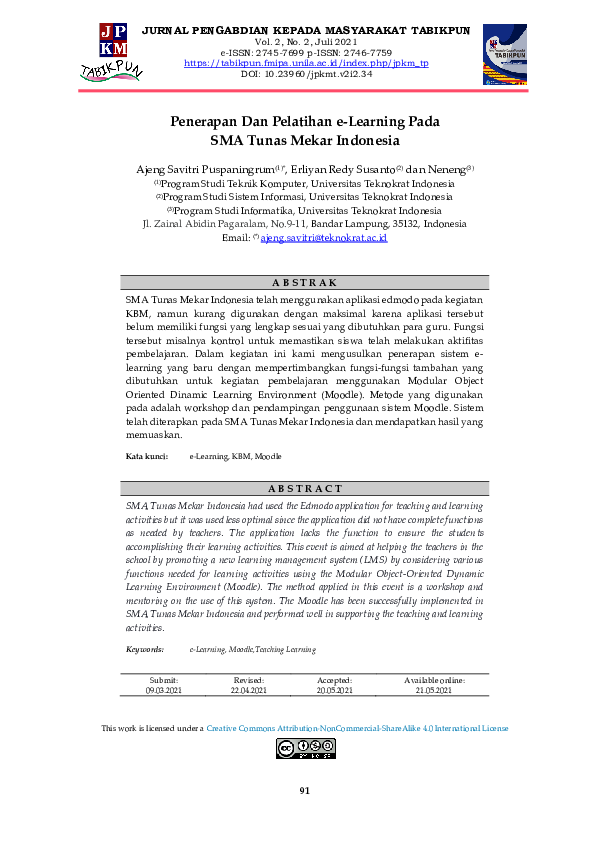 Penerapan Dan Pelatihan e-Learning Pada SMA Tunas Mekar Indonesia