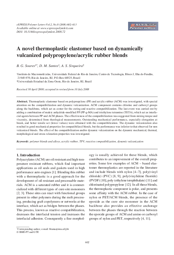 (PDF) A novel thermoplastic elastomer based on dynamically vulcanized ...
