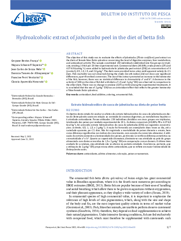 (PDF) Hydroalcoholic Extract of Jabuticaba Bark in Female Betta Fish Diet