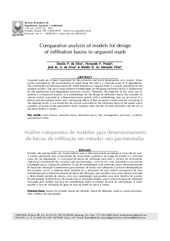 (PDF) Comparative analysis of models for design of infiltration basins in unpaved roads | JOSE ...
