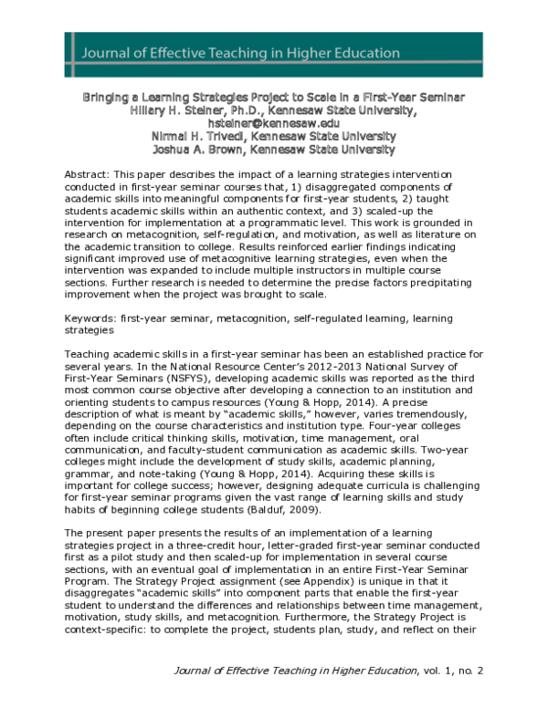 (PDF) Bringing a Learning Strategies Project to Scale in a First-Year ...
