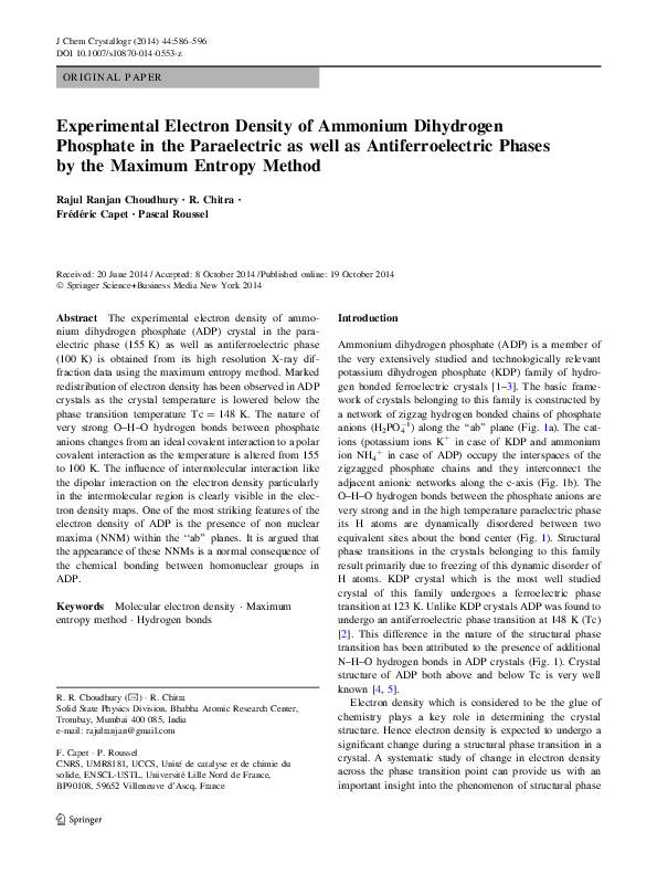 (PDF) Experimental Electron Density of Ammonium Dihydrogen Phosphate in the Paraelectric as well ...