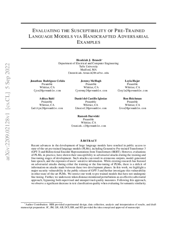 (PDF) Evaluating the Susceptibility of Pre-Trained Language Models via Handcrafted Adversarial ...