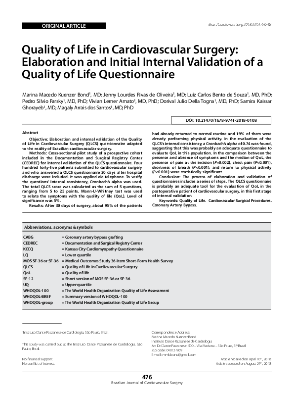 (PDF) Quality of Life in Cardiovascular Surgery: Elaboration and ...