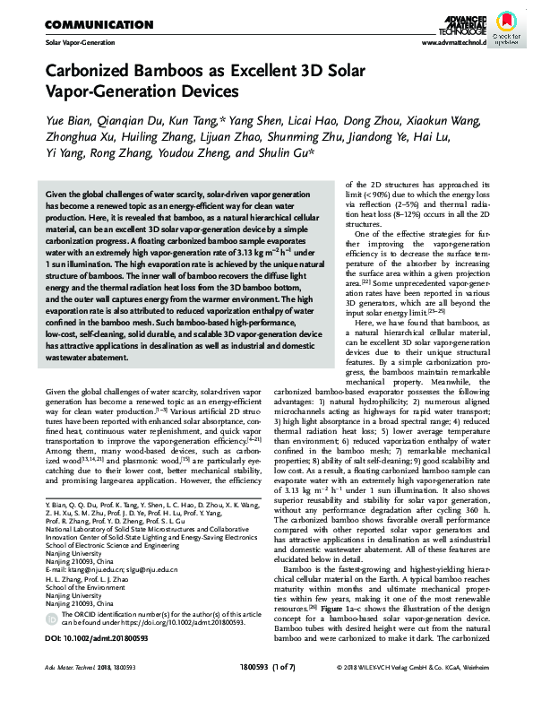 (PDF) Carbonized Bamboos as Excellent 3D Solar Vapor‐Generation Devices