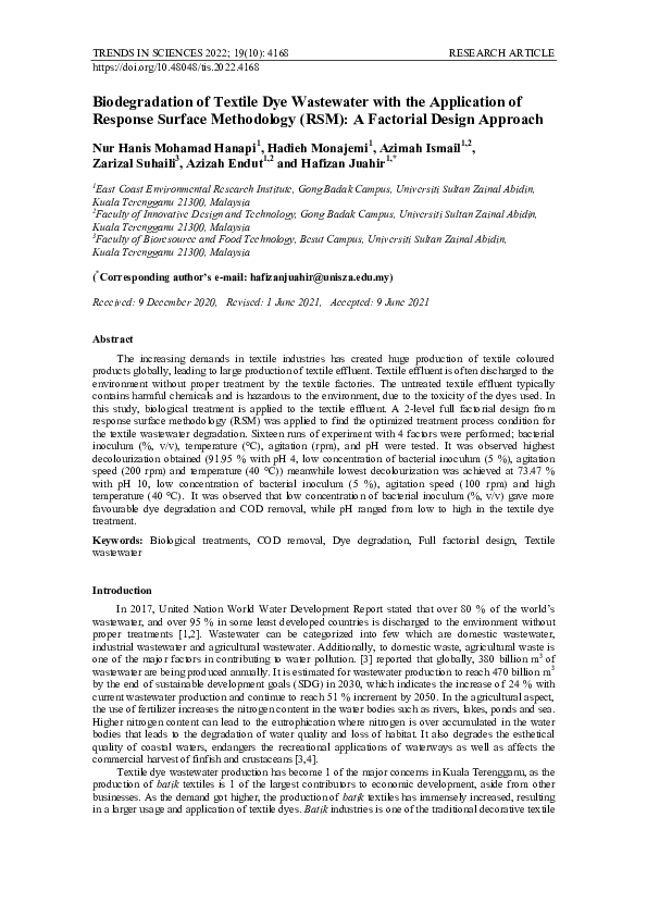 (PDF) Biodegradation of Textile Dye Wastewater with the Application of Response Surface ...
