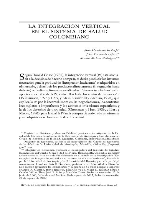 (PDF) La integración vertical en el sistema de salud colombiano