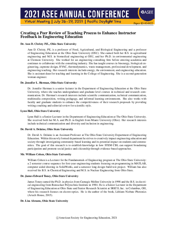(PDF) Creating a Peer Review of Teaching Process to Enhance Instructor ...