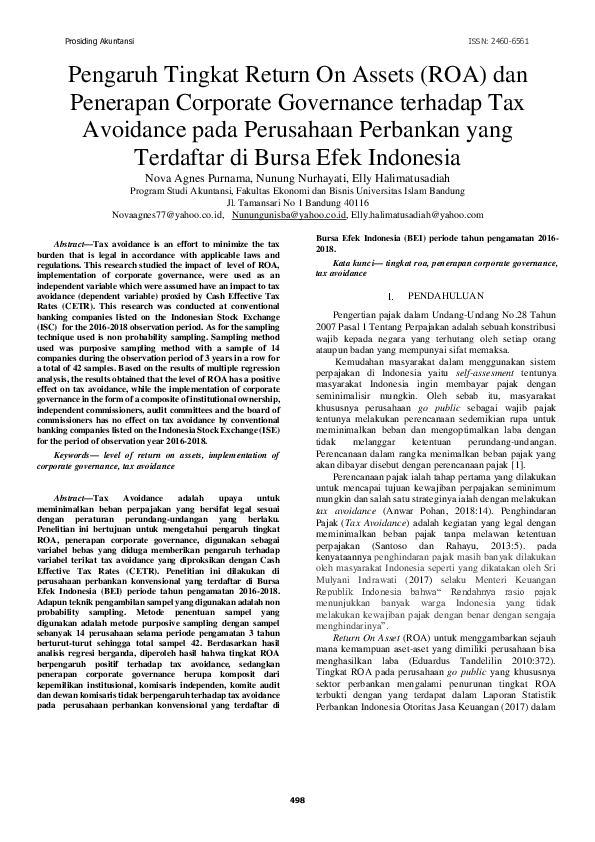(PDF) Pengaruh Tingkat Return On Assets (ROA) dan Penerapan Corporate Governance Terhadap Tax ...