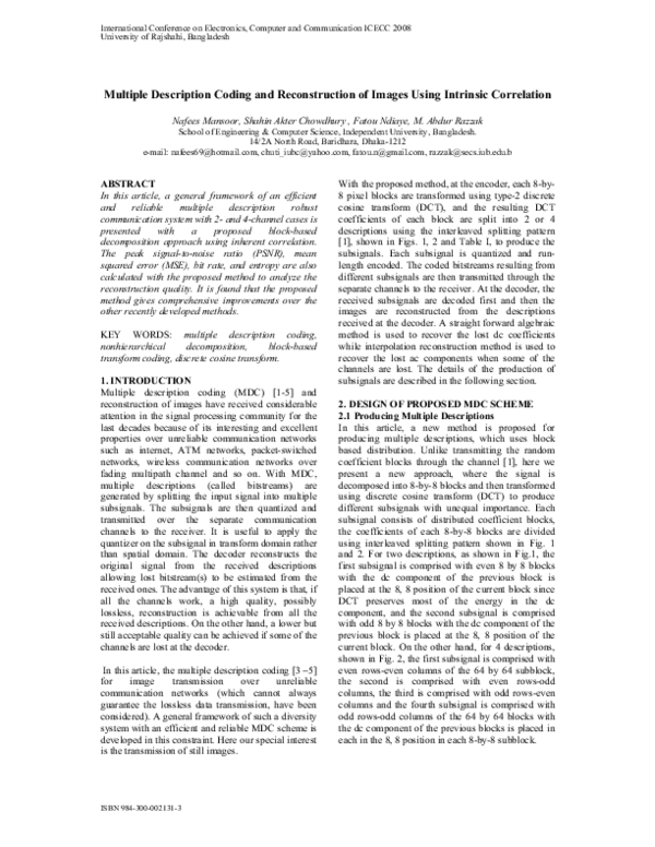 Pdf Multiple Description Coding And Reconstruction Of Images Using