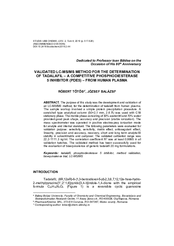 Pdf Validated Lc Ms Ms Method For The Determination Of Tadalafil A