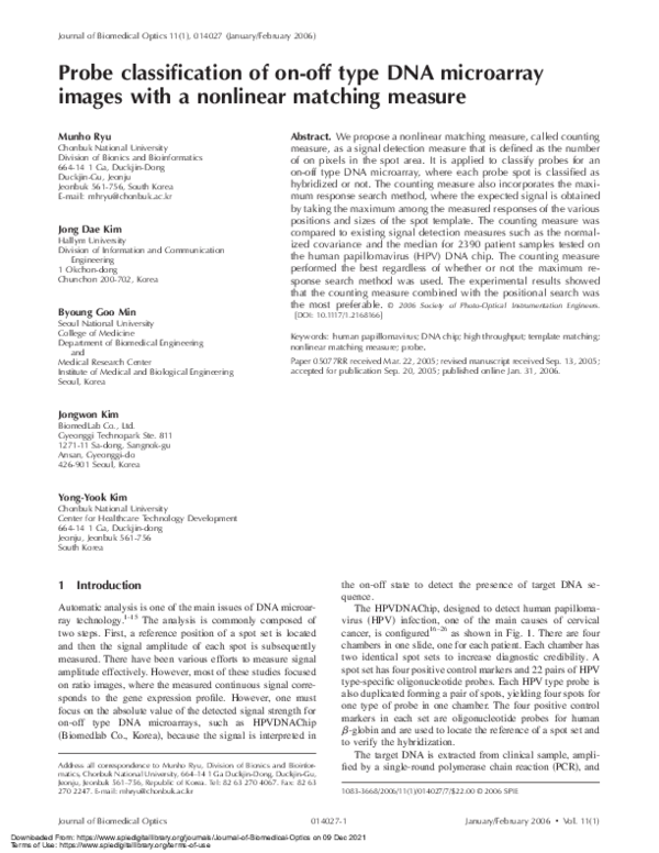 (PDF) Probe classification of on-off type DNA microarray images with a nonlinear matching measure