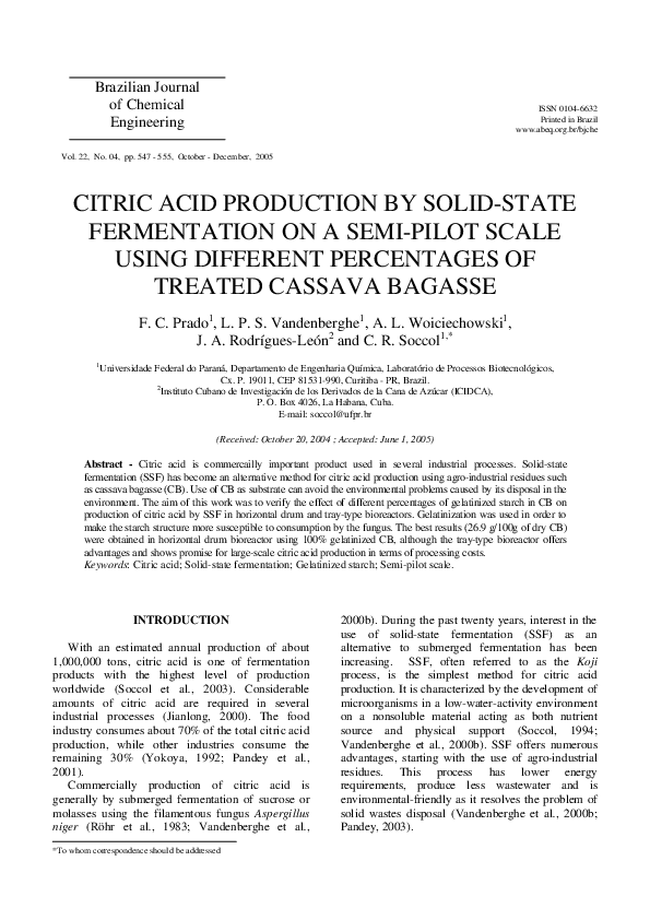 (PDF) Citric acid production by solid-state fermentation on a semi-pilot scale using different ...